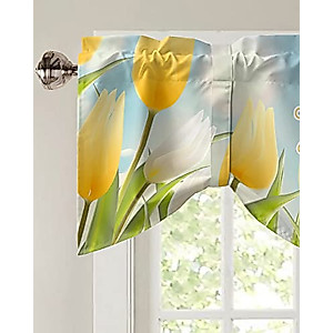 Sabolny Tulip Floral Tie Up Valance Curtain for Kitchen Living Room Bedroom Bathroom Cafe, Rod Pocket Small Short Window Drape Panel Adjustable Drapary Print, Spring Gold White Flower Bow 60"x18"