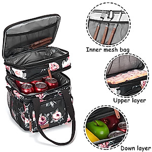 MOV COMPRA Lunch Bag Women Flower Insulated Lunch Box for Work, Expandable Large Lunch Bag, Leakproof Double Deck Lunch Box Cooler Bag with Removable Shoulder Strap（Flower）