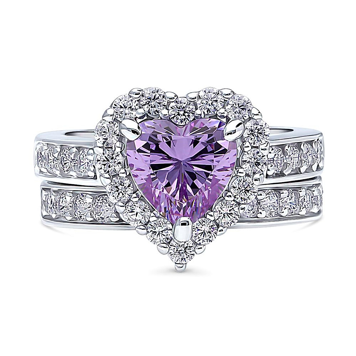BERRICLE Sterling Silver Halo Wedding Engagement Rings Purple Cubic Zirconia CZ Statement Heart Ring Set for Women, Rhodium Plated Size 5.5