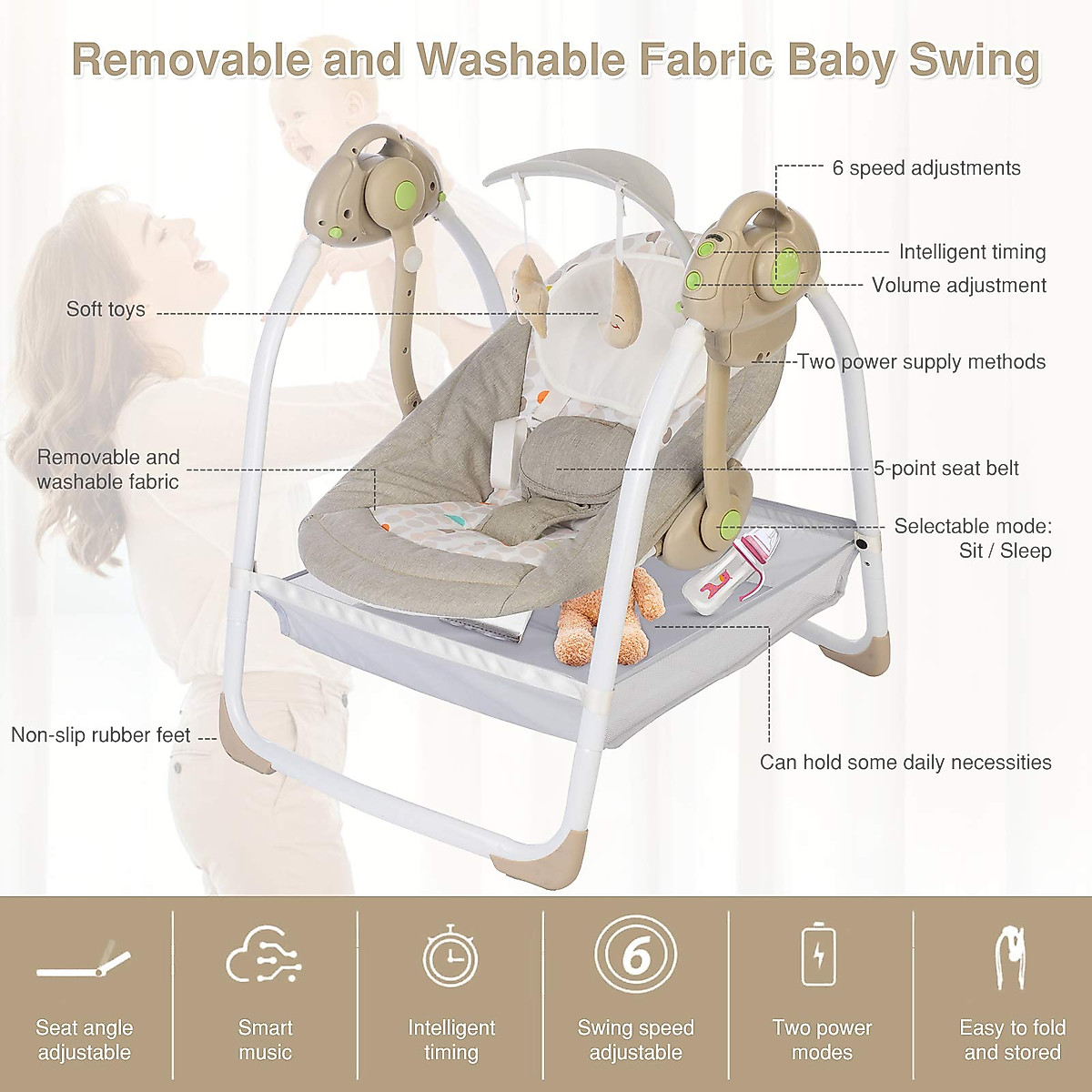 Baby Swings for Infants to Toddler, Compact Baby Swing with 6 Motions, Portable Swing with Music, Sounds, Timing, Baby Rocker with 2 Toys, Plush Seat & Soft Head Support, Machine Washable(Khaki)