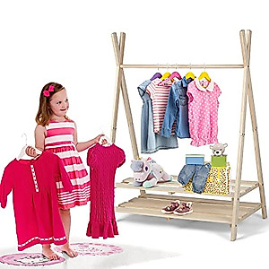 PETKABOO Kids Clothing Rack, Baby Clothes Rack, Freestanding Clothing Rack with Storage Shelf & Hanging Rod, Stable Triangular Frame, 100% Natural Pine Wood Garment Rack, Beige