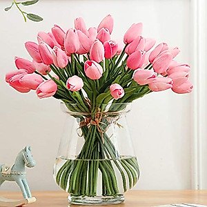 30pcs Real Touch Tulips PU Artificial Flowers, Fake Tulips Flowers for Arrangement Wedding Party Easter Spring Home Dining Room Office Decoration. (Pink, 14" Tall)