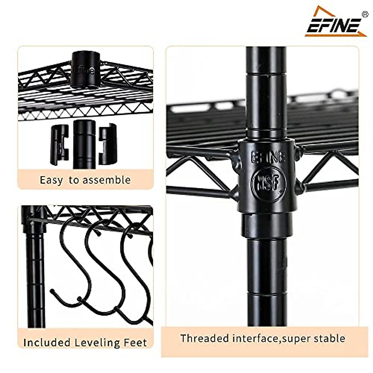 EFINE 4-Shelf Shelving Unit with 8 Hooks and 4-Shelf Liners, NSF Certified, Adjustable Metal Wire Shelves, Shelving Rack and Storage for Kitchen Laundry Bathroom Pantry Closet(23.6W x 14D x 47H) Black