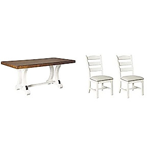 Signature Design by Ashley Valebeck Farmhouse Rectangular Extension Dining Table, Fits up to 8, White & Brown & Valebeck Vintage Farmhouse Cushioned Dining Chair, 2 Count, Whitewash