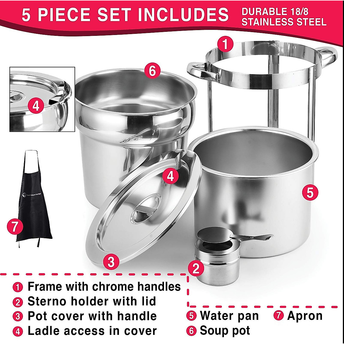 CHEFQ 7 Qt Deluxe Marmite Soup Chafer With Chrome Accent With 1 Apron