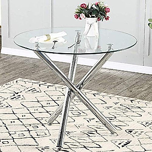 STYLIFING Dining Room Set Round Clear Glass Top Crisscrossing Chrome Metal Legs Kitchen Table and 4 Modern High Back Grey Faux Leather Chairs Home Kitchen Office Waiting Room Use