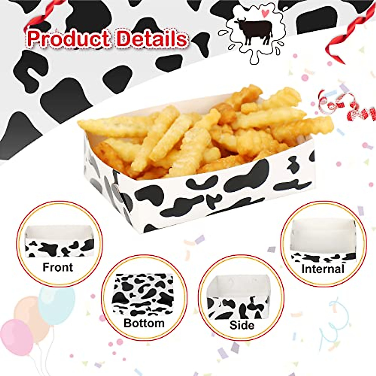 50 Pack Cow Print Party Supplies Cow Party Favors Cow Print Party Decorations Cow Paper Food Trays Cow Theme Birthday Party Favors Nacho Trays Paper Tray Hot Dog Trays for Baby Shower, Cow Style