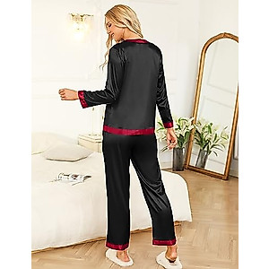 SWOMOG Women Silk Satin Pajama Set Button Down 2Pcs Sleepwear Long Sleeve Pjs Soft Black XLarge Loungewear with Pockets