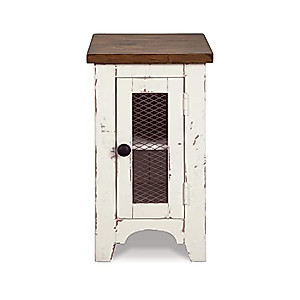 Signature Design by Ashley Wystfield Farmhouse Chair Side End Table with Cabinet Door for Storage, White & Brown with Distressed Finish