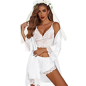 MAXMODA Sexy Pajamas for Women Silk Sleepwear Set 3/4 Sleeve Robes with Belt 3 Piece Satin Pjs Sets Snow White