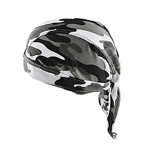 Gbateri 4 Pack Sweat Wicking Cycling Bandana Durag Dew Rags, Skull Cap Beanie Cooling Helmet Liner Pirate Hat Head Wrap for Motorcycling, Running, Hiking, Cooking & Outdoor Activities,Mesh-Camo