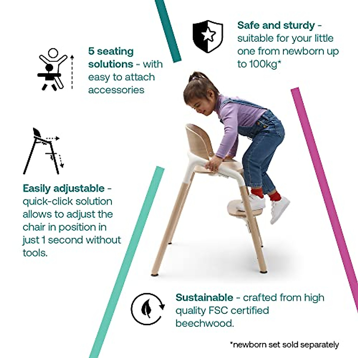 Bugaboo Giraffe Wooden Baby High Chair, Adjustable in 1 Second, Easy to Clean, Safe and Ergonomic Highchair, Suitable from Birth in Combination with Newborn Set (Sold Separately), Neutral Wood/White