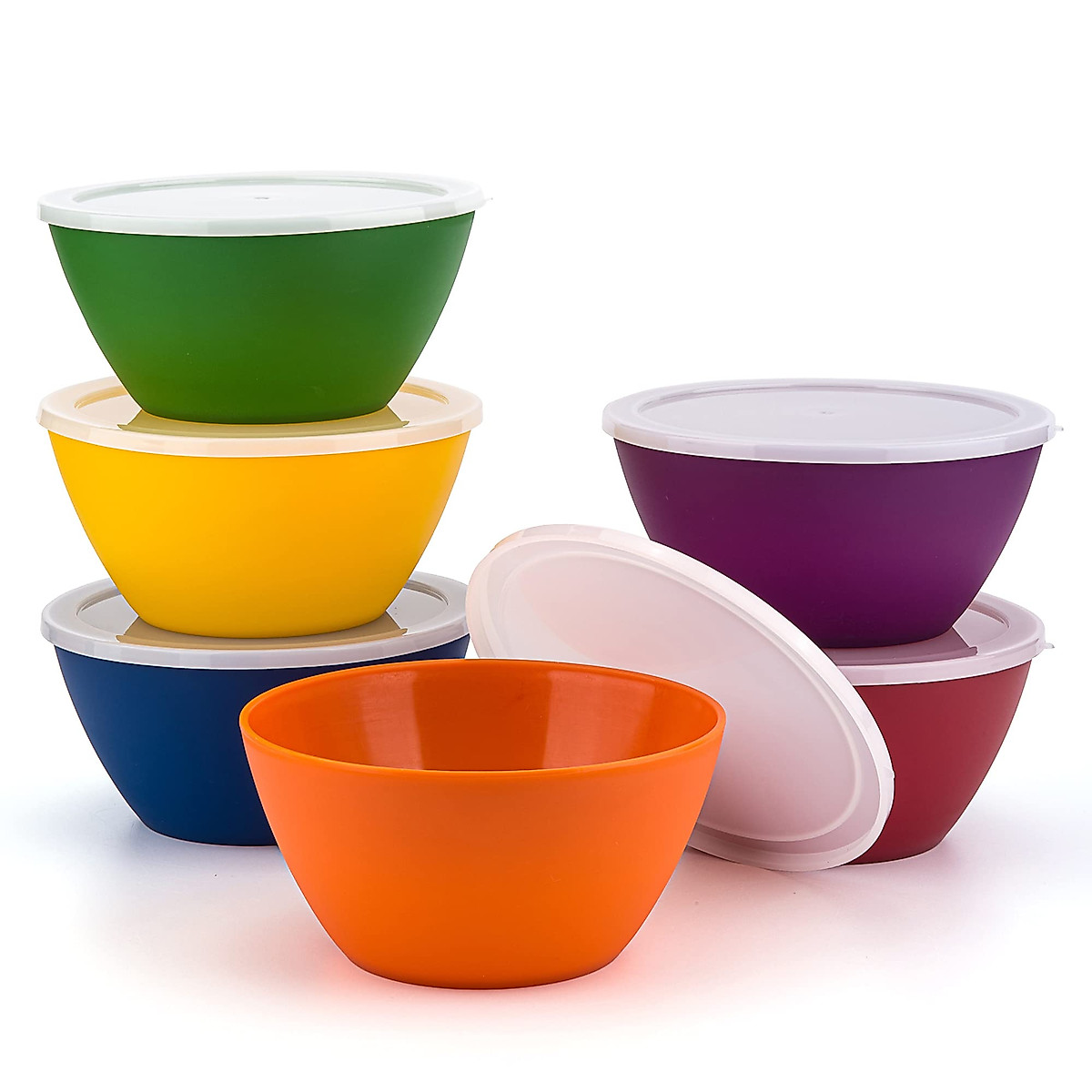 KX-WARE Plastic Bowls with Lids set of 6 - Unbreakable and Reusable 6-inch Plastic Cereal/Soup/Salad Bowls Multicolor, Microwave/Dishwasher Safe, BPA Free