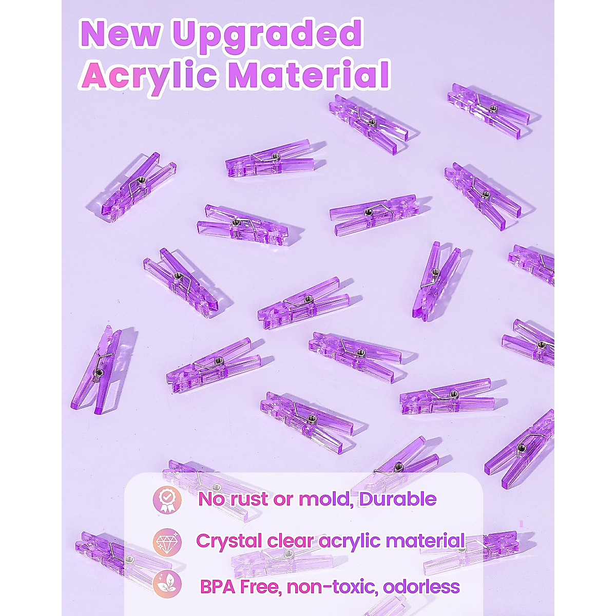 60PCS Purple Clothes Pins for Baby Shower Games Girl, Transparent Acrylic Clothes Pin Bulk, 1.4'' Mini Clothespins for Photos, DIY Crafts, Baby Shower Game Prop/Party Favors/Decorations