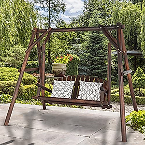Outvita Patio Porch Swing Set, 67in Wood Log Swing Stand with Bench Loveseat Stable A-Frame for Patio Backyard Deck (Carbonized)