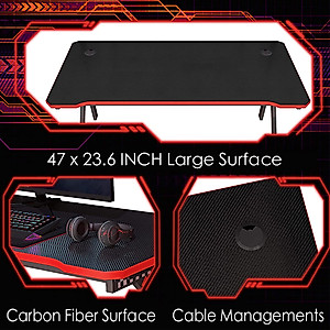 Arespark Gaming Desk with LED Lights, 47in Ergonomic Home Office Tables PC Study Desks, K-Shaped Carbon Fiber Surface Computer Desk Gamer Table Christmas Day Gamer Gift (47 Inch)