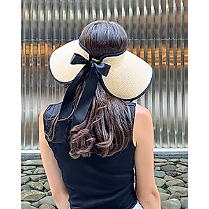 Camptrace Sun Visors for Women Wide Brim Beach Hat UPF 50+ Foldable Straw Visor Hat Ponytail Summer Packable Beige