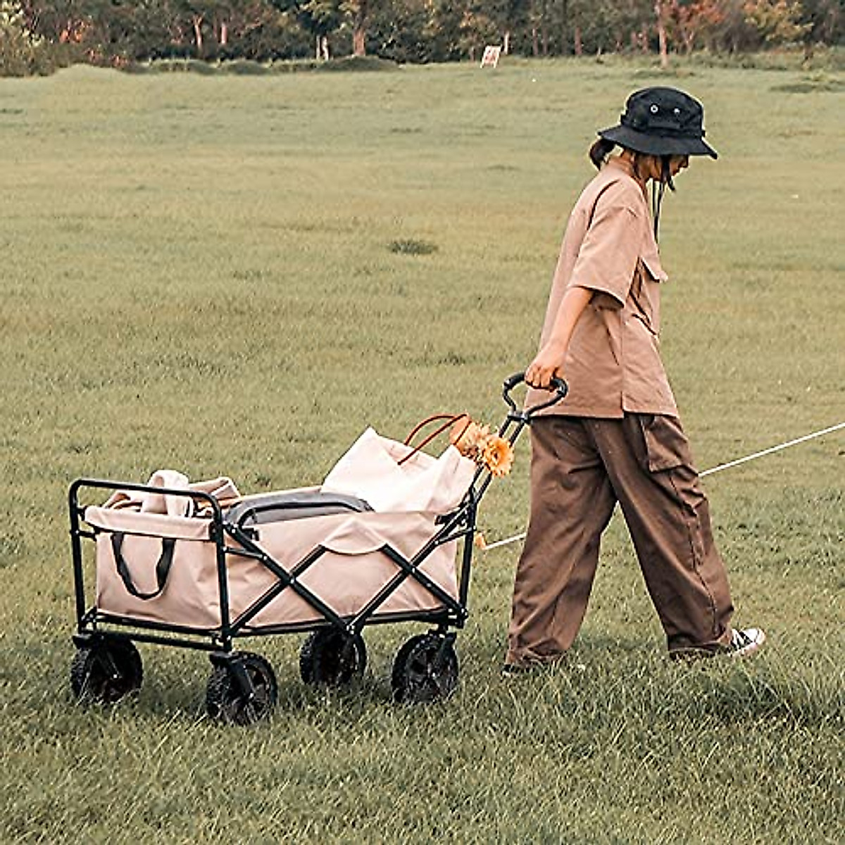 Picnic Camping Cart Portable Collapsible Outdoor Utility Wagon Garden Folding Trolley 80KG Max Load Push Wagon Sturdy Lightweight Beach Outdoor Garden Picnic Cart,Creamy White