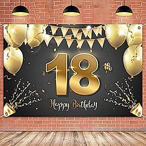 HAMIGAR 6x4ft Happy 18th Birthday Banner Backdrop - 18 Years Old Birthday Decorations Party Supplies for Girls Boys - Black Gold