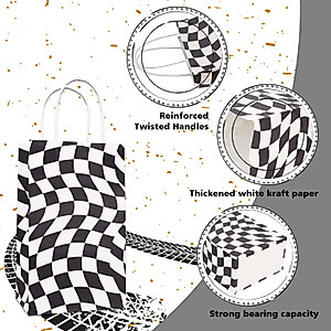 30 pieces Plaid Race Car Favors Paper Bags with Handle, Checkered Racing Gift Bags Bulks, Size 9'(H)x5.5'(L)x3.3'(D) Black and White Checkered Race Car Themed Kraft Paper Bags for Kids Birthday Party