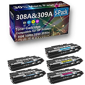 5-Pack (2BK+C+Y+M) Compatible High Capacity 308A (Q2670A Q2671A Q2672A Q2673A) Toner Cartridge use for HP 3500 3500n Printer