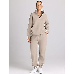 AUTOMET Women's Sweatsuits 2 Piece Outfits Long Sleeve Half Zip Pullover and Baggy Sweatpants with Pockets CoffeeGrey XL