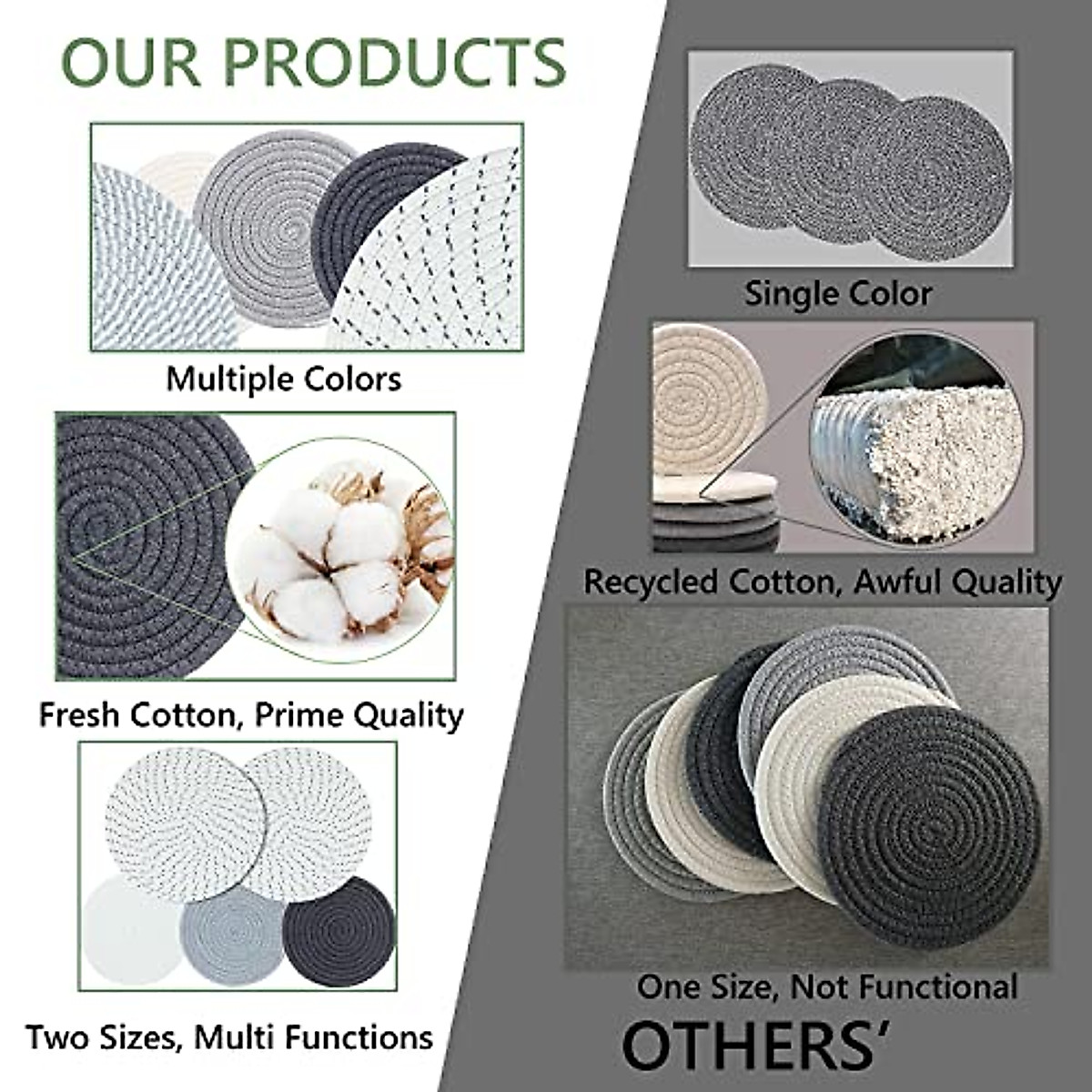 X Large 10 Inches Potholders Set 5 Pcs Trivets Set 100% Cotton Hand Woven Round Place Mats for Kitchen Absorbent, Insulated, Scratch Free Table Protection 2 Pcs 10" and 3 Pcs 7"