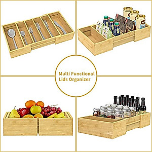 Retro Shaw Expandable Bamboo Food Container Lid Organizer, Lid Organizer for Cabinet, Adjustable Lid Organizer for Plastic Lids and Covers Storage, Lid Organizer Rack with Adjustable Dividers