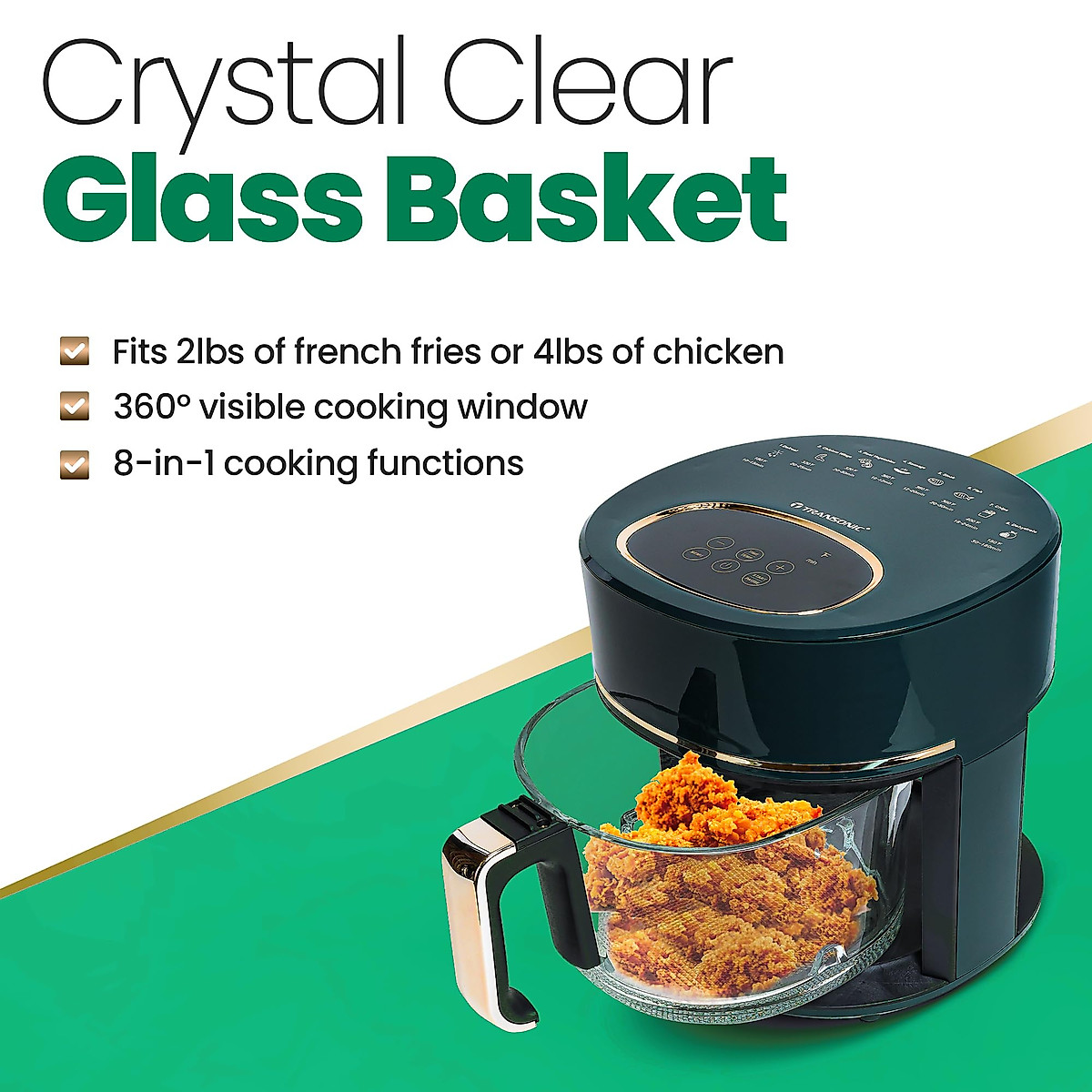 Transonic Glass Basket Air Fryer Oven, 4 Quart Non Toxic Non Stick Easy Cleaning Borosilicate Glass Basket, 8 Cooking Presets, Touch Digital Controls