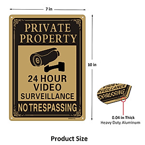 Amexiu Private Property No Trespassing 24 Hours CCTV Camera Video Surveillance Warning Sign | 10" x 7" Rust Free Aluminum Easy Mounting Fade Resistance, 2 Pack