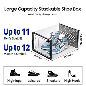eWonLife Large Storage Box with Magnetic Door, 12 Pack Clear Plastic Stackable Sneaker Organizer for Closet, Connect Left and Right Shoe Containers Bins for Entryway, Drop Front, Under Bed, Black