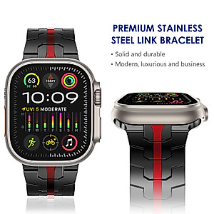 WINGLE Metal Band for Apple Watch Band Ultra 2/Ultra Band 49mm Men, Series 10 46mm, 9/8/7 45mm, SE/6/5/4 44mm, 3/2/1 42mm, Stainless Steel Bands with Folding Clasp iWatch Strap Bracelet, Black/Red