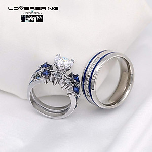 LOVERSRING 3pc His and Hers Couple Ring Bridal Sets Women White Gold Plated Heart Blue Cz Man Titanium Band Wedding Ring for Him and Her