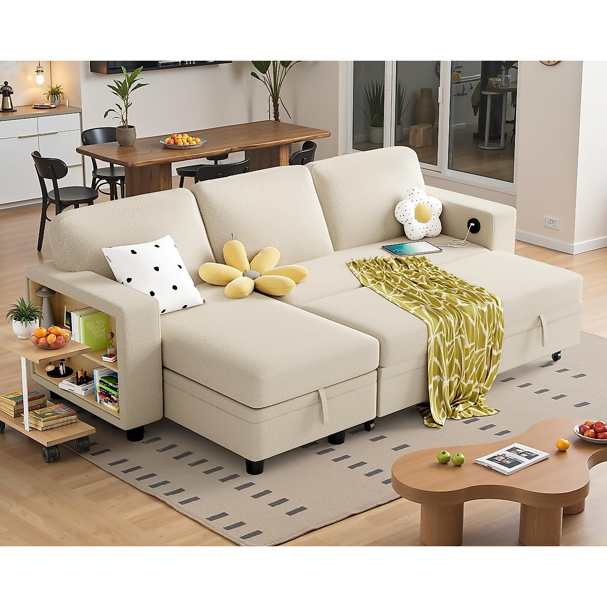 YESHOMY L-Shaped Sofa Bed Convertible Sectional Couch for Living Room with Pull Out Sleeper, Storage Chaise & 2 Built-in Bookcases, Light Beige
