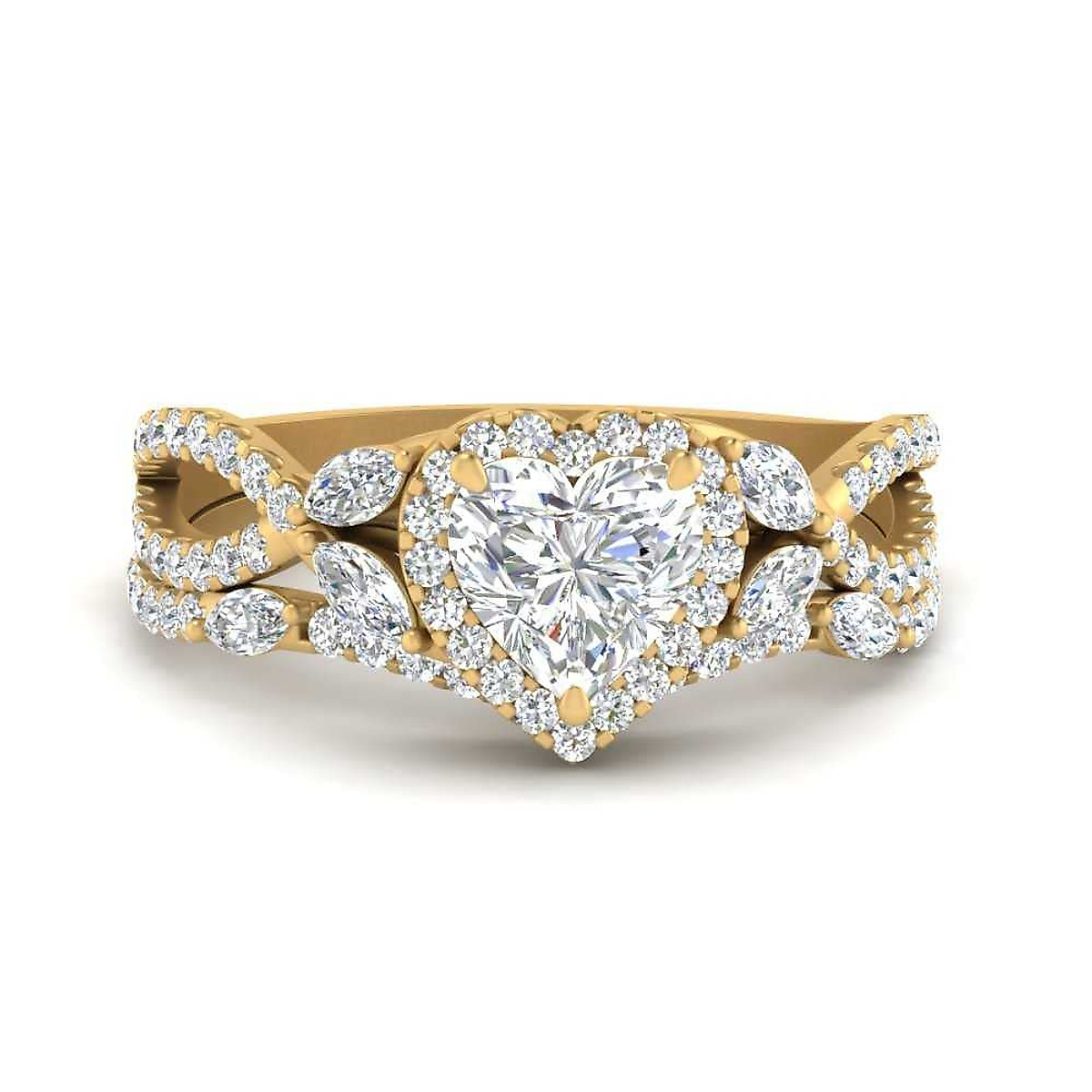 CaratYogi Heart Halo Bridal Ring Set 14k Yellow Gold Plated Created Cubic Zircon Heart shape White color Wedding Ring Sets pave Setting in Size 12 Minimal Surprise Gifts for Ladies