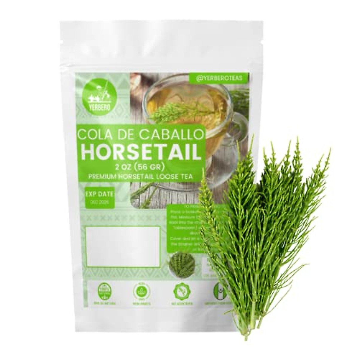 Yerbero - Premium Loose Horsetail Tea 2oz (58gr) | Cola De Caballo Te Herbal | Makes 30+ Cups | Shave Grass - Snake Grass | Stand Up Resealable Bag | Crafted By Nature100% All Natural.