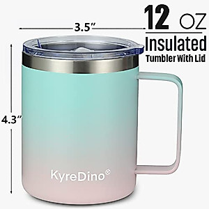 KyreDino 12 oz Stainless Steel Insulated Coffee Mug with Lid and Handle, Double Wall Vacuum Insulated Coffee Travel Mug, Powder Coated Green Mix Pink