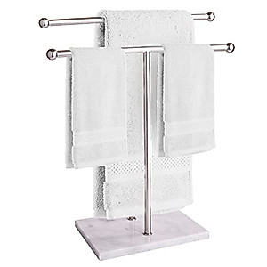 Homeries Marble Hand Towel Holder - Stainless Steel Towel Stand with Round Marble Base - Double T-Shape Hand Towel Valet for Bathroom, Vanity Top Towel Stand, Counter Towel Bar, Jewelry Rack