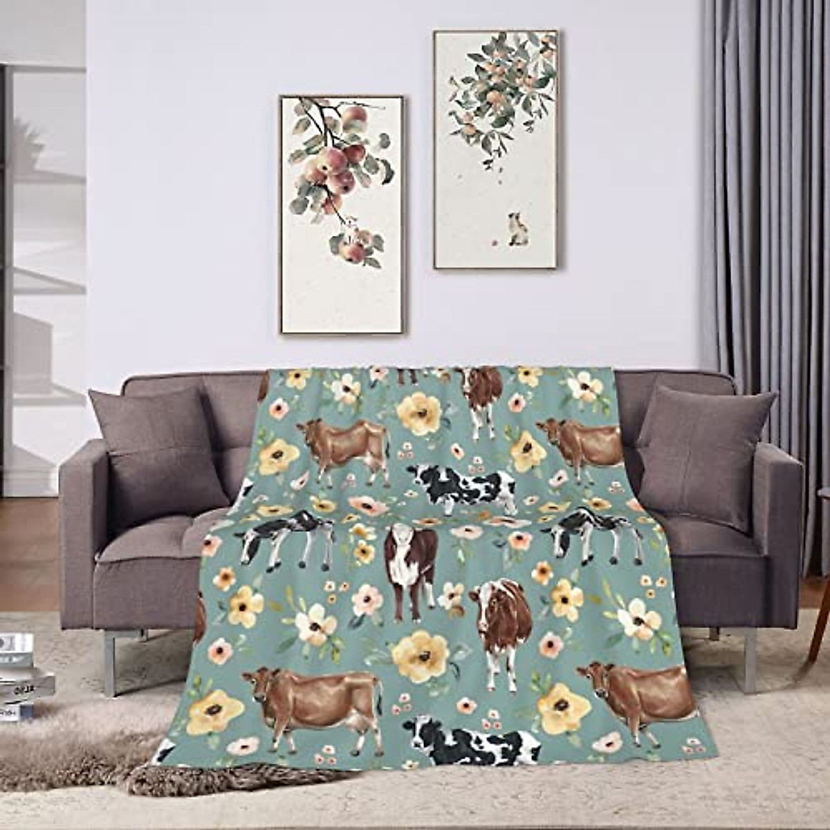 Cow Print Blanket Soft Warm Cute Cow Flowers Throw Blanket Fluffy Plush Lightweight Cozy Cows Fleece Flannel Girls Gift Blankets for Kids Adults Bedding Couch Sofa 50"X40"