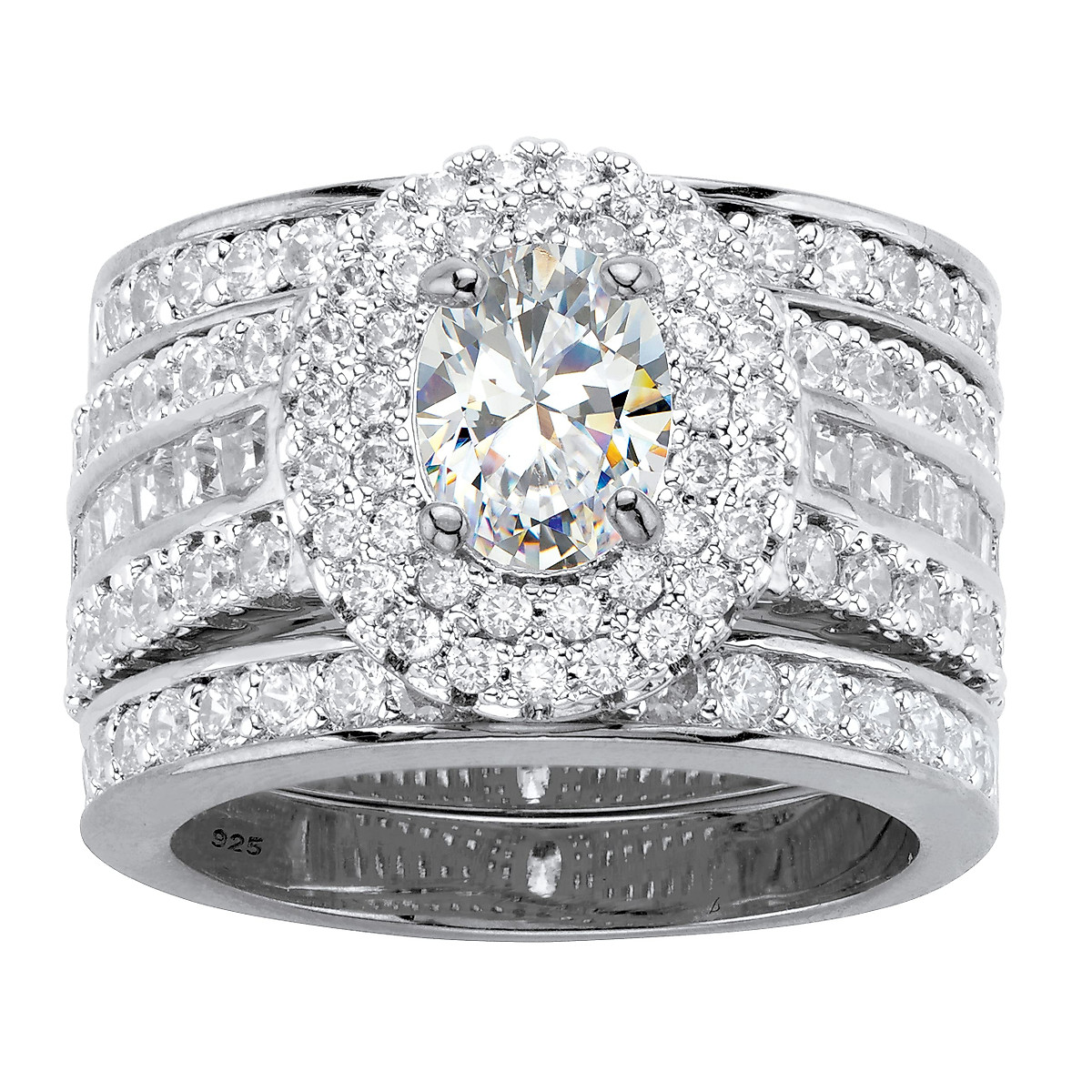 PalmBeach 14K Yellow Gold or Platinum Plated Sterling Silver Oval Cut Cubic Zirconia Double Halo Bridal Ring Set Size 8