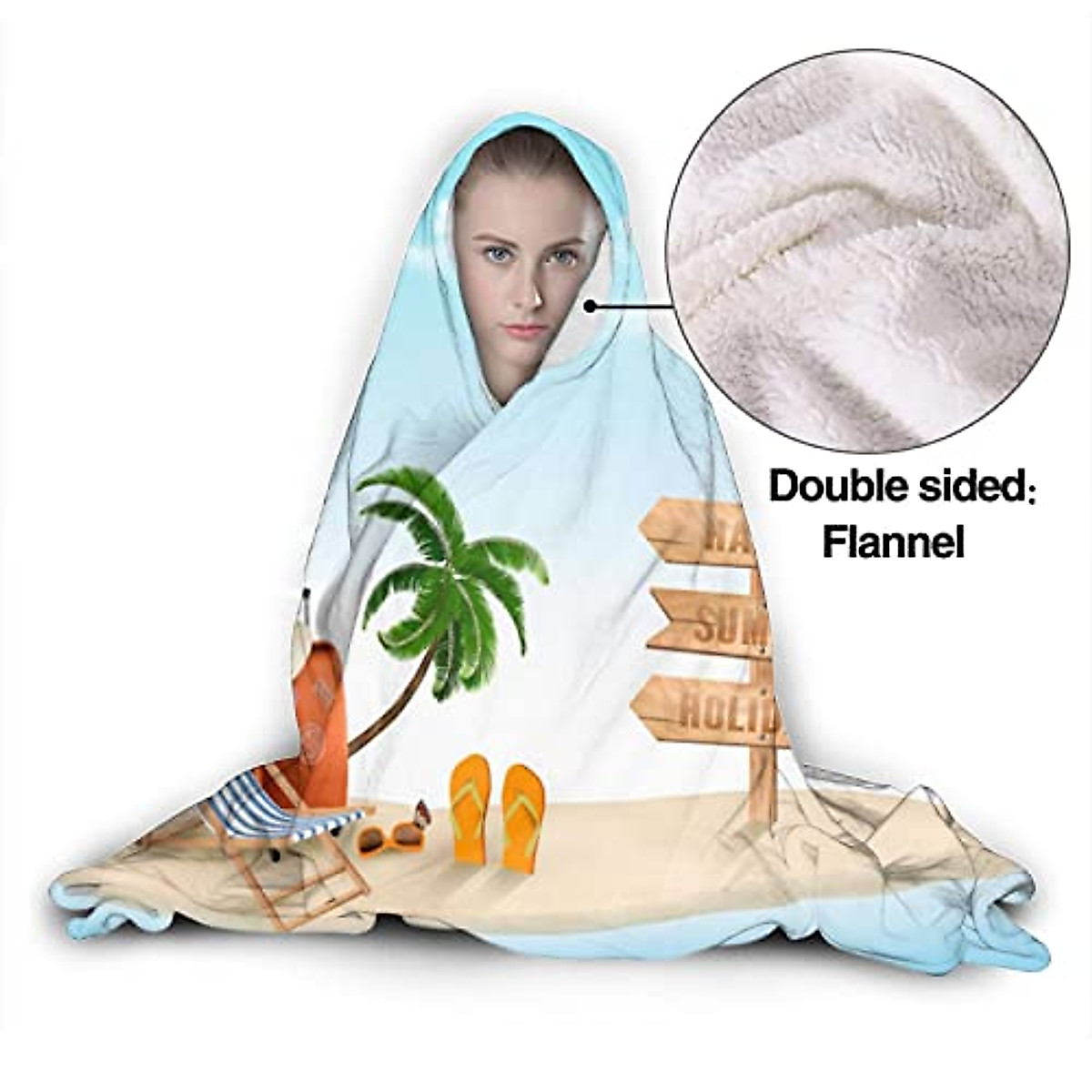 Hooded Blanket Summer Ocean Beach Tropical Palm Trees Flannel Wearable Throw Cape Robe Wrap Fleece Warm Air-Conditioning Quilt 60"X50"