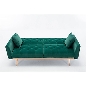 SZLIZCCC 63" Green Velvet Couch, Tufted Loveseat Sofa, Convertible Futon Sofa Bed, Accent Sofa Recliner, Golden Metal Legs, 2 Couch Pillows, Mid Century Modern Sofas for Home Living Room Bedroom