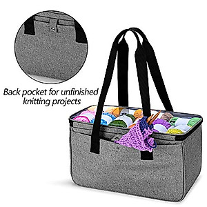 YARWO Knitting Yarn Bag, Crochet Tote with Pocket for WIP Projects, Knitting Needles(Up to 14”) and Skeins of Yarn, Gray with Arrow (Bag Only)