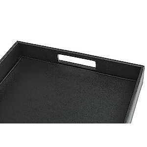 HofferRuffer Rectangle Serving Tray with Hole Handles for Coffee Table, Breakfast, Tea, Food, Butler - Countertop, Kitchen, Vanity Serve Tray, 16.2 x 12.2 x 2 inches, Faux Leather Tray (Black)