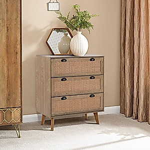Sophia & William Rattan Cabinet Boho Dresser 3-Drawer Chest of Drawers/Accent Storage Cabinet/Nightstand for Bedroom Living Room