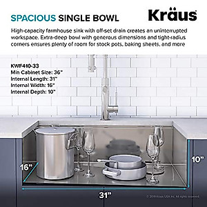 KRAUS Kore™ Workstation 33-inch Farmhouse Flat Apron Front 16 Gauge Single Bowl Stainless Steel Kitchen Sink with Accessories and WasteGuard™ Continuous Feed Garbage Disposal, KWF410-33-100-75MB