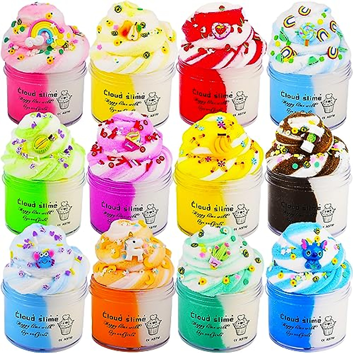 12 Pack Cloud Slime Kit, with 12 Colores Fluffy Slime Kit and Slime Fun Accessories, Soft and Non-Sticky, DIY Educational Stress Relief Toys for Girl and Boys, Birthday Gift