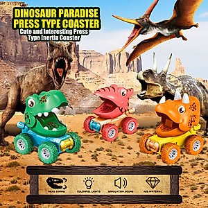 Dinosaur Toys for 2-5 Year Old Boys, Flashing Lights and Roar Music, 3pcs Pull Back Cars, Monster Trucks Christmas Birthday Gifts for Kids