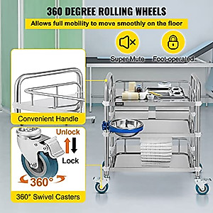 VEVOR Lab Cart 3 Layers Double Drawers Medical Cart with Wheels 1 Refuse Basin Stainless Steel Cart Service Cart for Laboratory, Hospital, Dental, Restaurant Hotel and Home Use (Large)