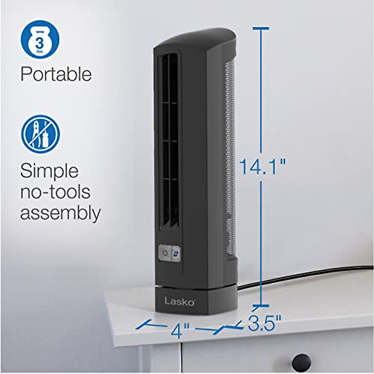 Lasko Air Stik Oscillating Tabletop Fan, Ultra-Slim Design, 2 Quiet Speeds, for Bedroom, Dorm Rooms, Office, 14", Black, T14200